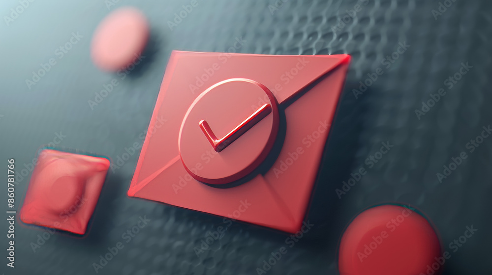 Mail icon 3D style with letter in envelope and a tick symbol. The ...
