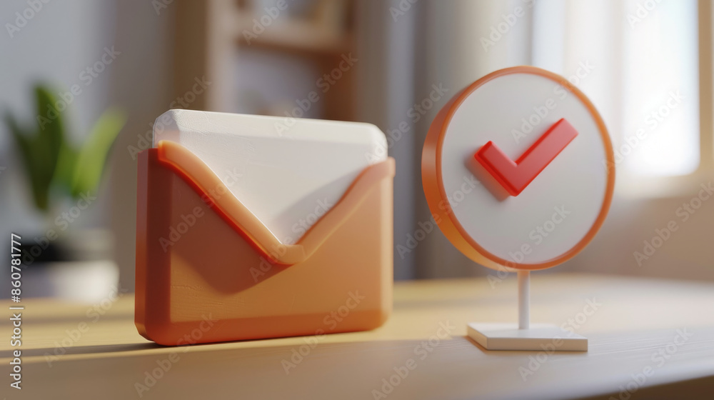 Mail icon 3D style with letter in envelope and a tick symbol. The ...
