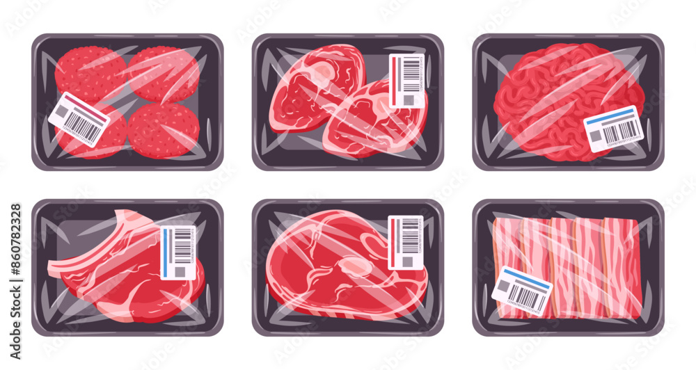 Packaged meat products. Frozen ground meat, pork and steaks, raw ...