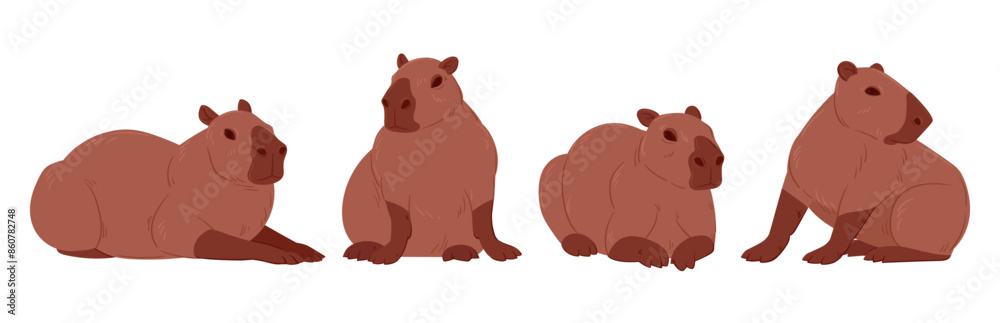 Wild capybaras. Cartoon herbivore mammals in natural habitat, semi ...