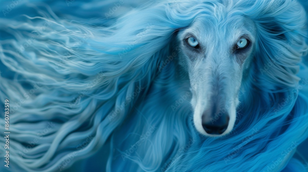 An impactful image of a blue-haired dog with an intense gaze, evoking ...