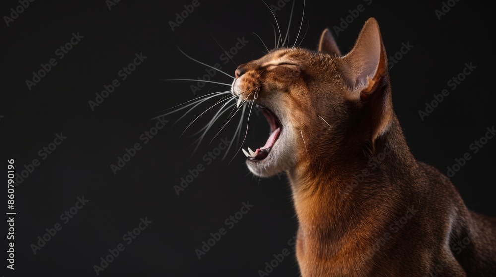 This image features a brown cat, captured mid-yawn with its mouth wide open, set against a plain ...
