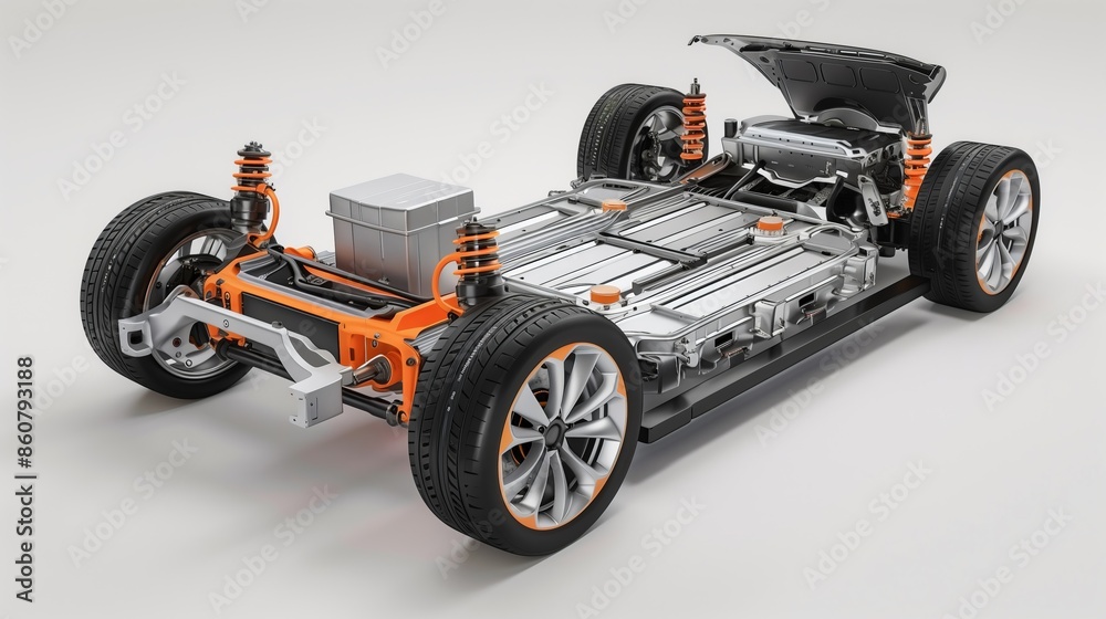 Detailed view of an electric car chassis featuring battery pack, motors ...