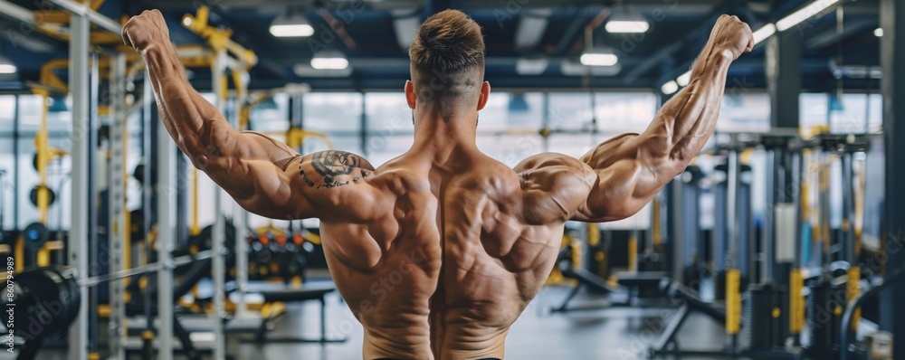 Bodybuilder flexes and displays his back muscles in a gym Stock Photo ...