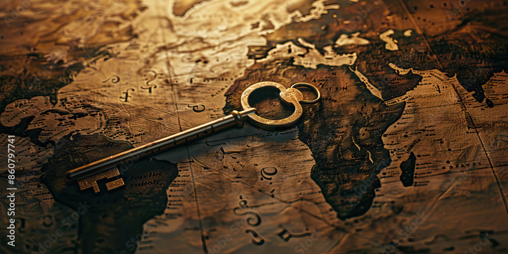 Close-up of a mysterious key lying on an ancient, dusty map, its ...