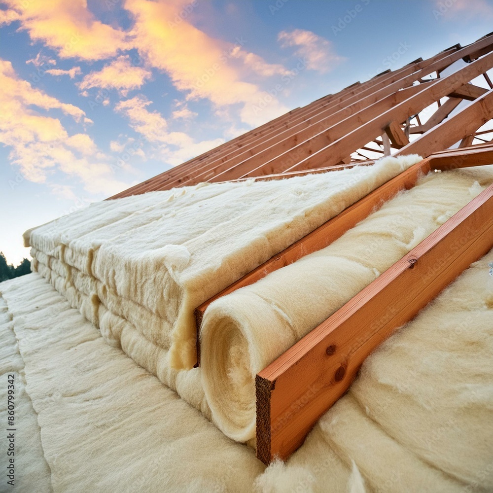 Insulation of a roof structure with wood wool. Close-up of a layer of ...