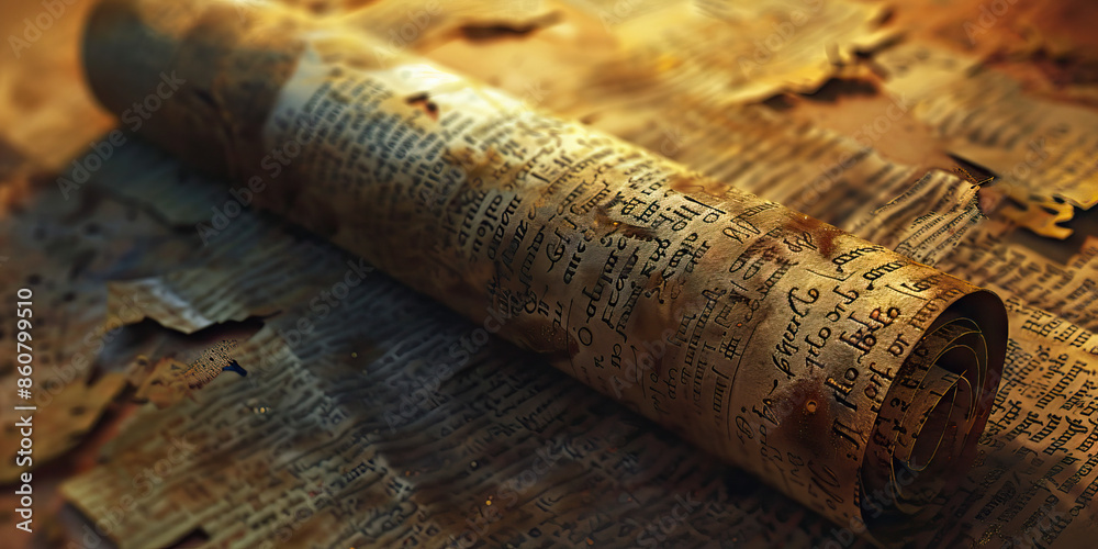 Ancient scroll partially unrolled revealing sacred texts. Stock Photo ...
