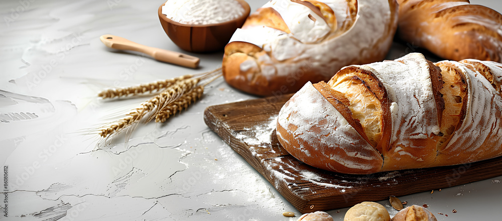 Bread bakery background top food view fresh white wheat loaf ...