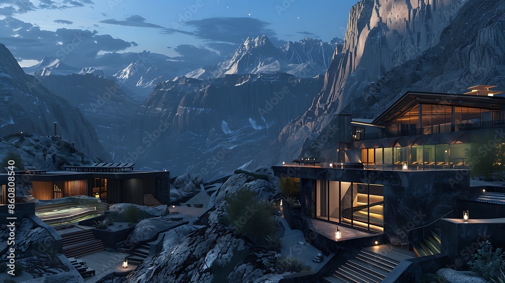 luxurious mountain spa with a dark granite exterior, nestled among ...