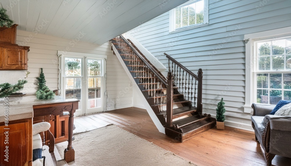 Modern farmhouse interior with a staircase framed by shiplap walls, a ...