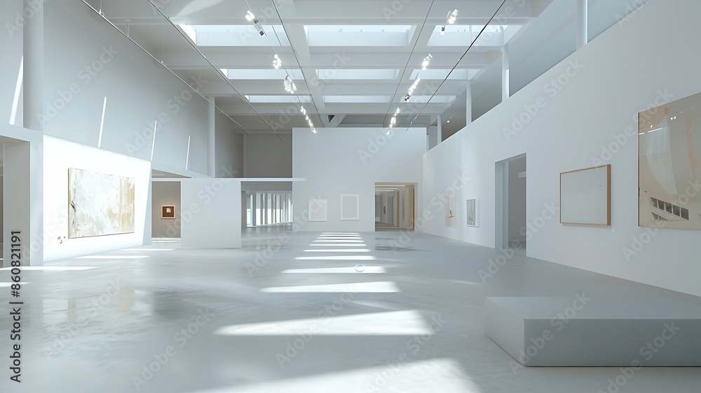 off-white modern art gallery located in an urban arts district, featuring expansive spaces for ...