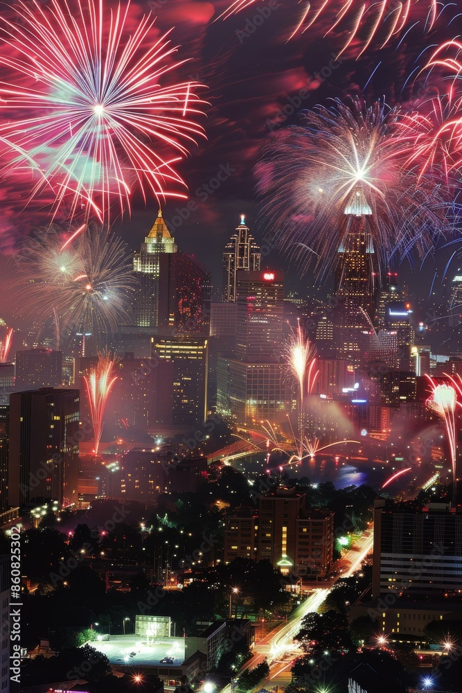 Evening view of Atlanta city skyline featuring vibrant fireworks ...