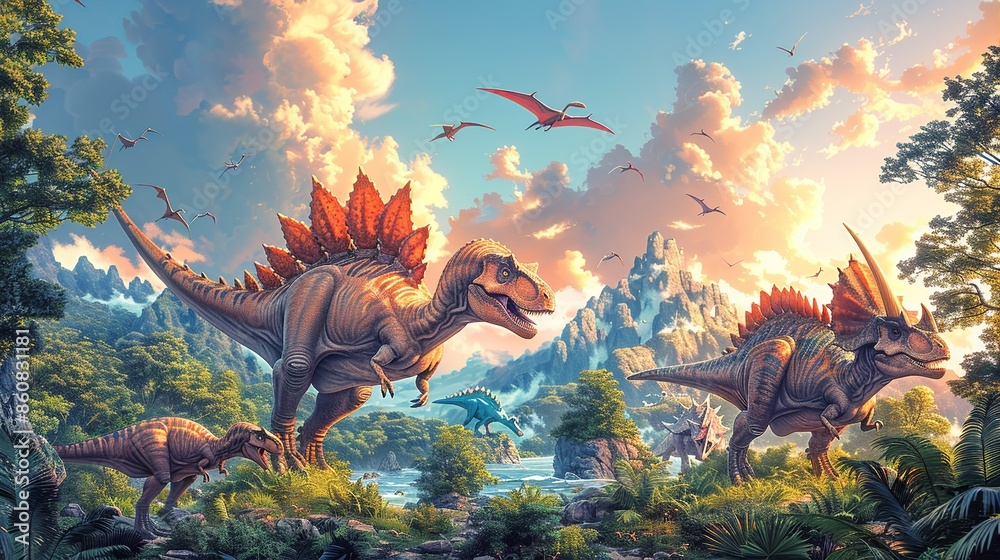 Dinosaur Adventure: A thrilling scene of dinosaurs roaming a ...