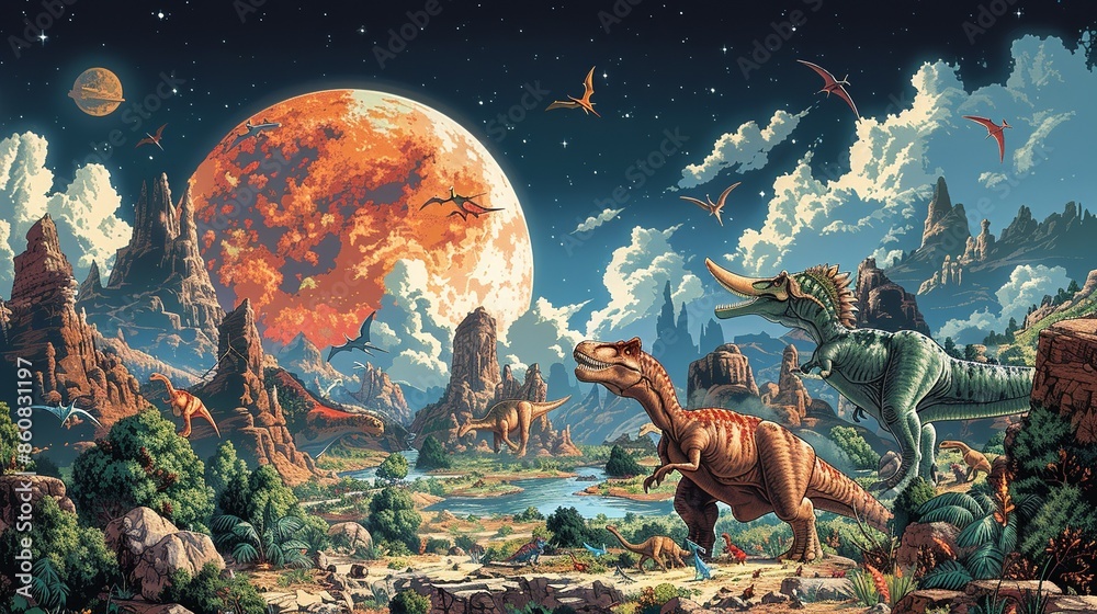 Dinosaur Adventure: A thrilling scene of dinosaurs roaming a ...