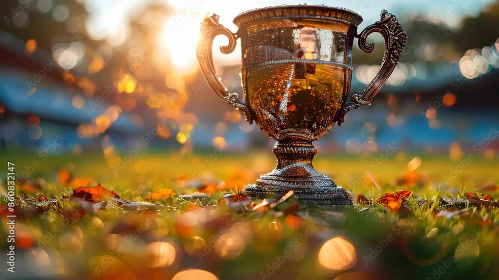 gold winners sports cup on festive blurred sport. stadium background ...