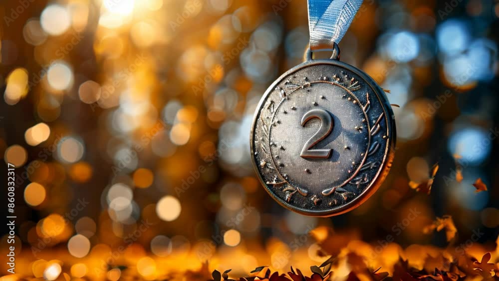 Silver medal with number two for 2nd place laurel wreath on festive ...