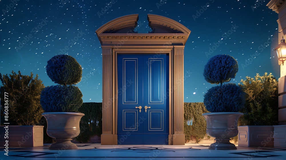 entryway with a bold blue door, flanked by two sculptural topiaries in ...