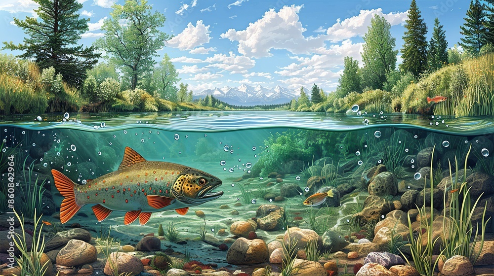 Illustrate the habitats of freshwater fish with realistic depictions of ...
