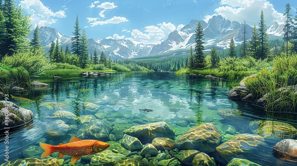 Illustrate the habitats of freshwater fish with realistic depictions of ...
