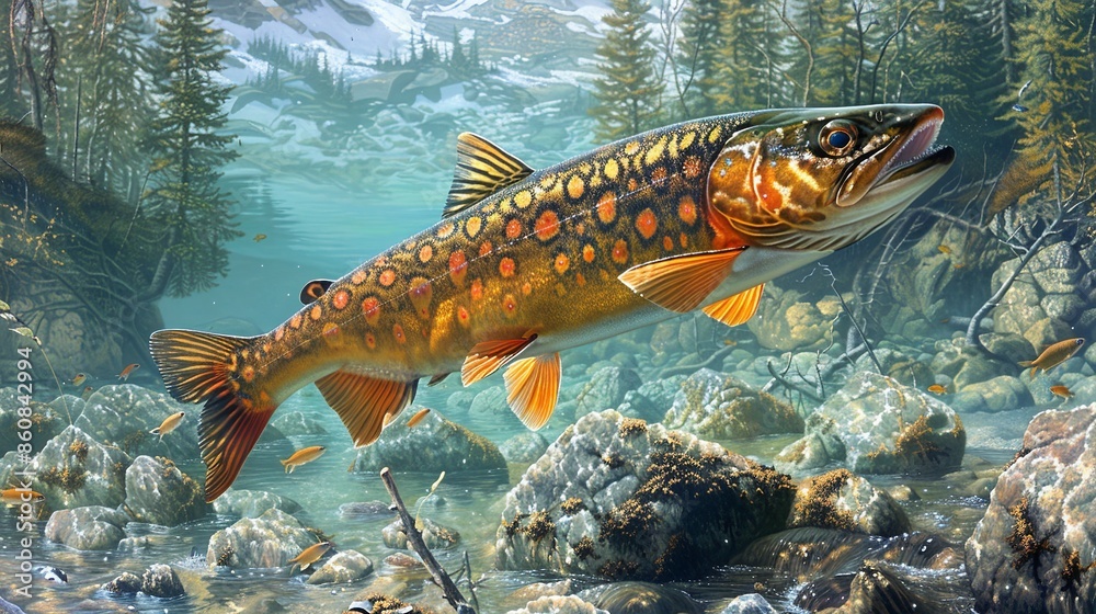 Illustrate the habitats of freshwater fish with realistic depictions of ...