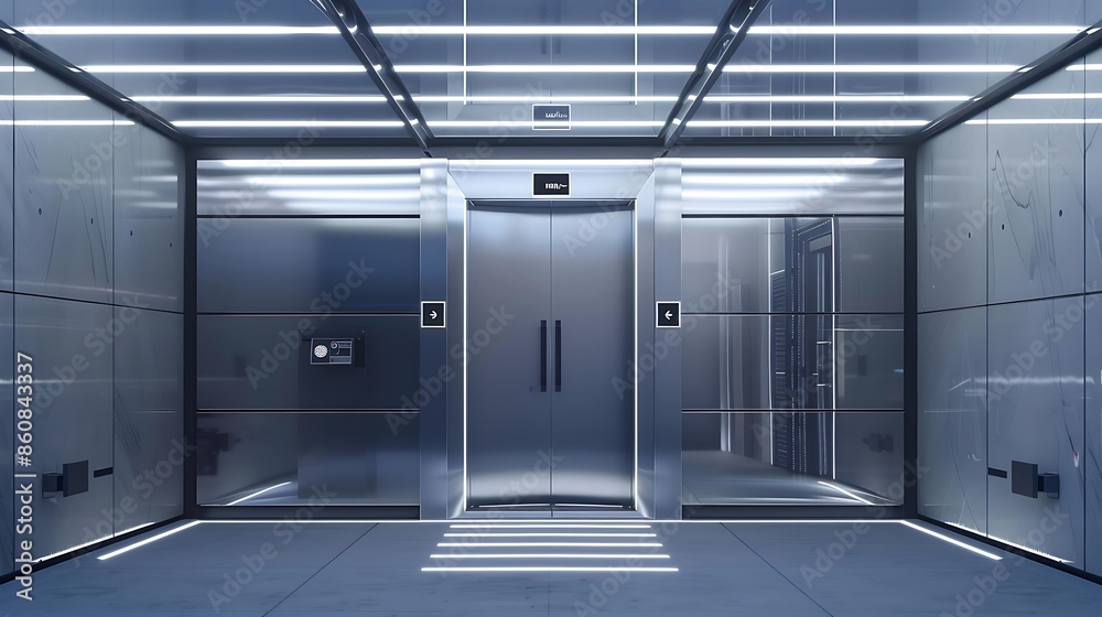 door in metallic silver, set within a high-tech entry with biometric ...