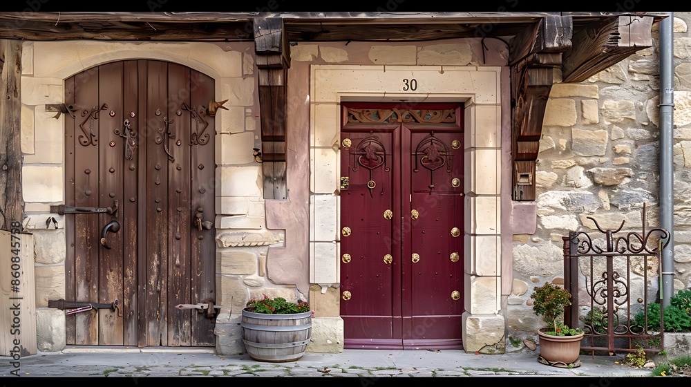 door painted in a rich burgundy, set against a stone fa? section ade ...