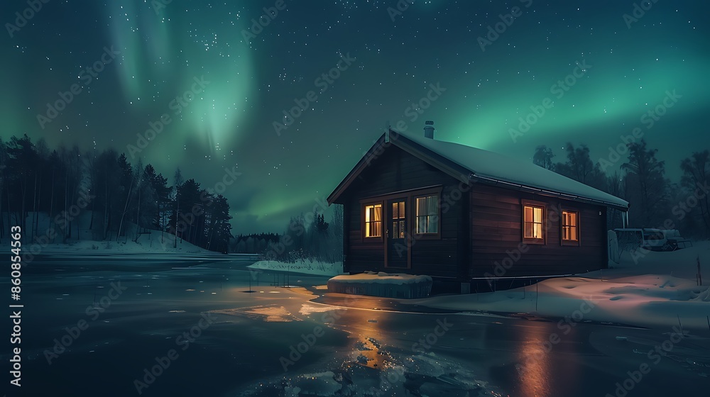 small, remote cabin with a dark mahogany exterior, nestled beside a ...