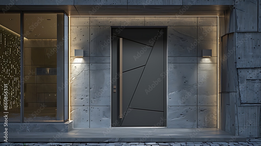 slate grey door with a modern, asymmetrical design, set within a frame ...