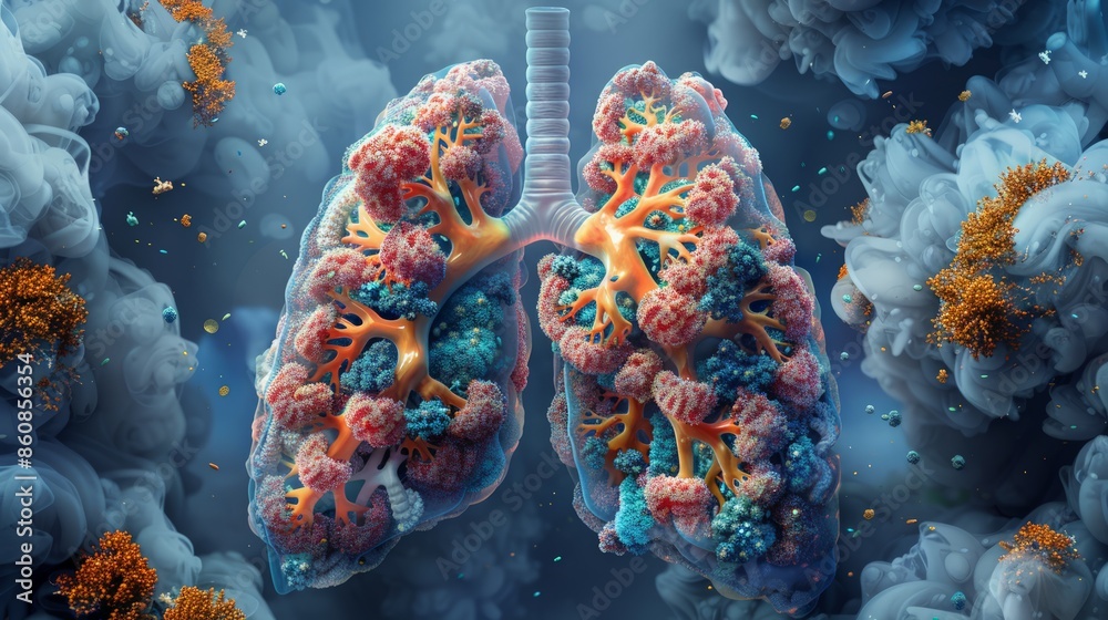 the process of human respiratory gas exchange, showing alveoli ...