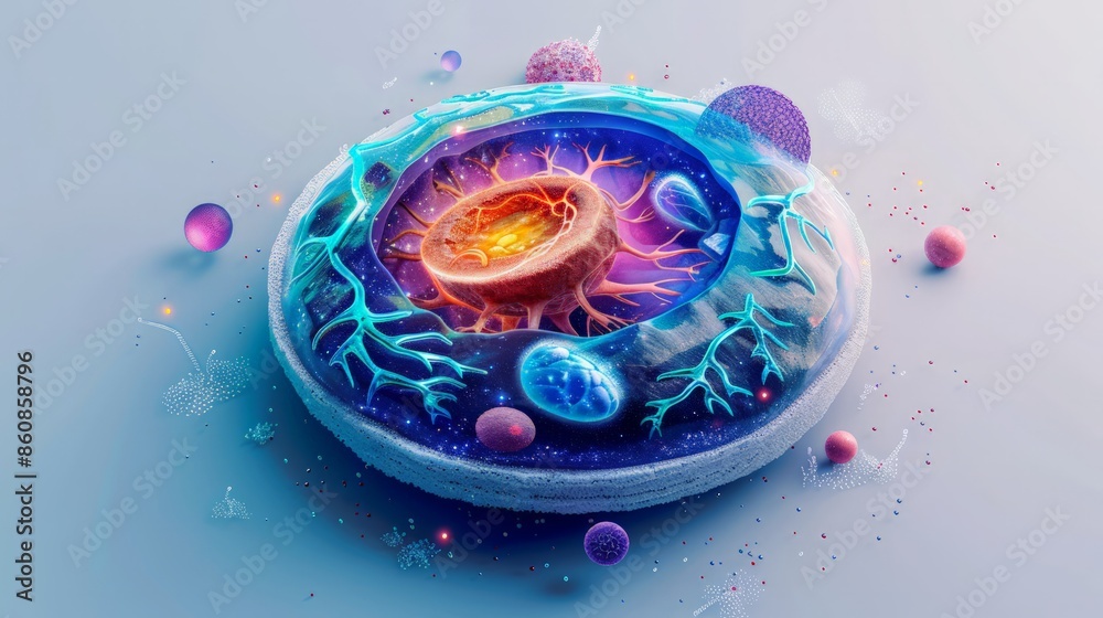 the structure of an animal cell, showing nucleus, mitochondria ...