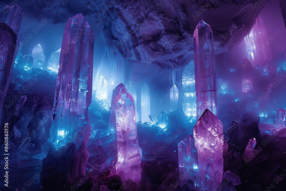 alien crystal cavern with bioluminescent flora towering quartz ...