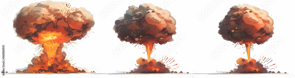 Series of three explosive mushroom clouds in a row, illustrating ...