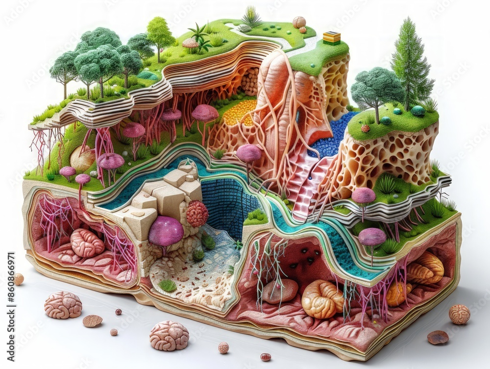 the human integumentary system, showing skin layers, hair follicles ...