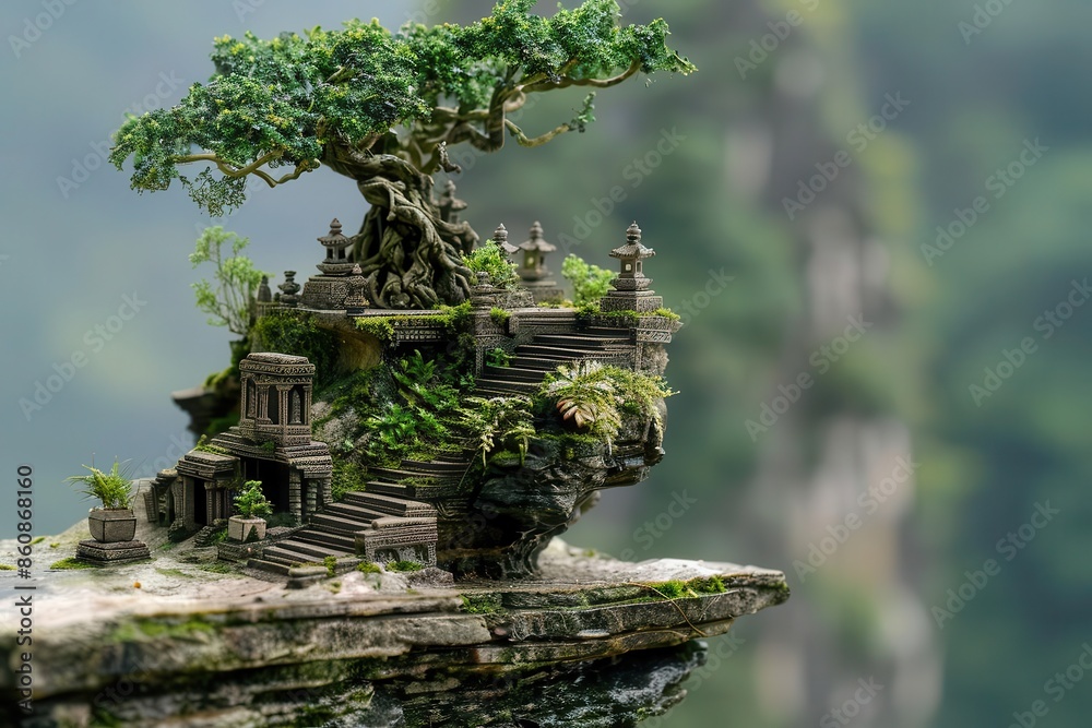 bonsai tree growing on a floating island of ancient ruins miniature ...