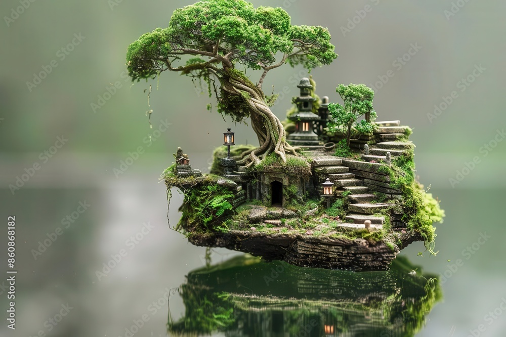 bonsai tree growing on a floating island of ancient ruins miniature ...