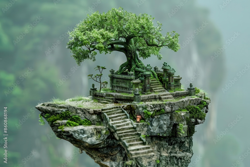 bonsai tree growing on a floating island of ancient ruins miniature ...