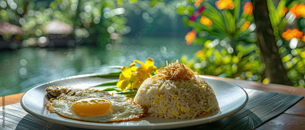 Bangsilog breakfast: fried milkfish, garlic rice, egg on an outdoor ...
