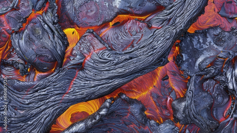 A close-up on the texture of solidified lava, showing the intricate ...