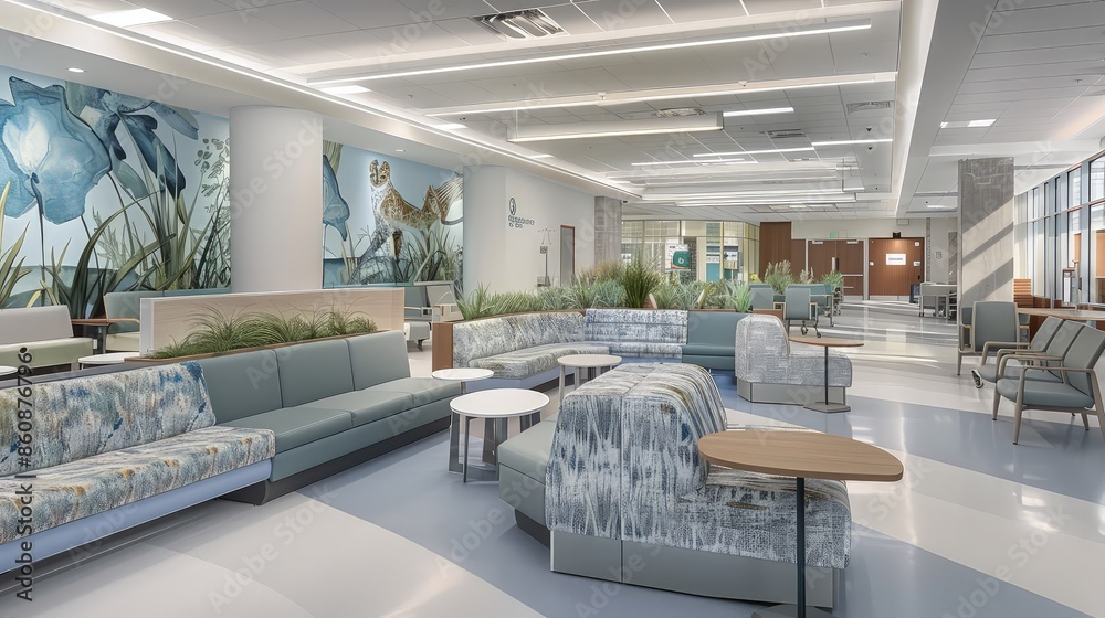 A modern, open-plan hospital waiting area with modular seating that can ...