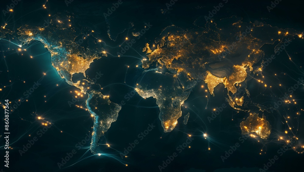 A World Map Showcasing Glowing Connections Between Major Cities Highlighting Global