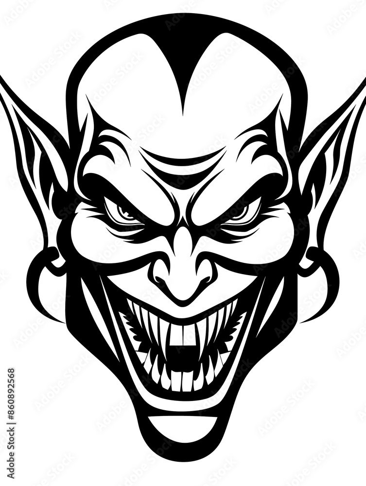 A black and white drawing of a demon with a mouth open and teeth ...