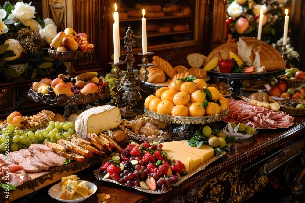 lavish buffet spread on an ornate mahogany table featuring vibrant ...