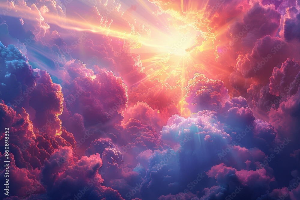 Dynamic scene of golden sun rays piercing through vibrant, multi ...