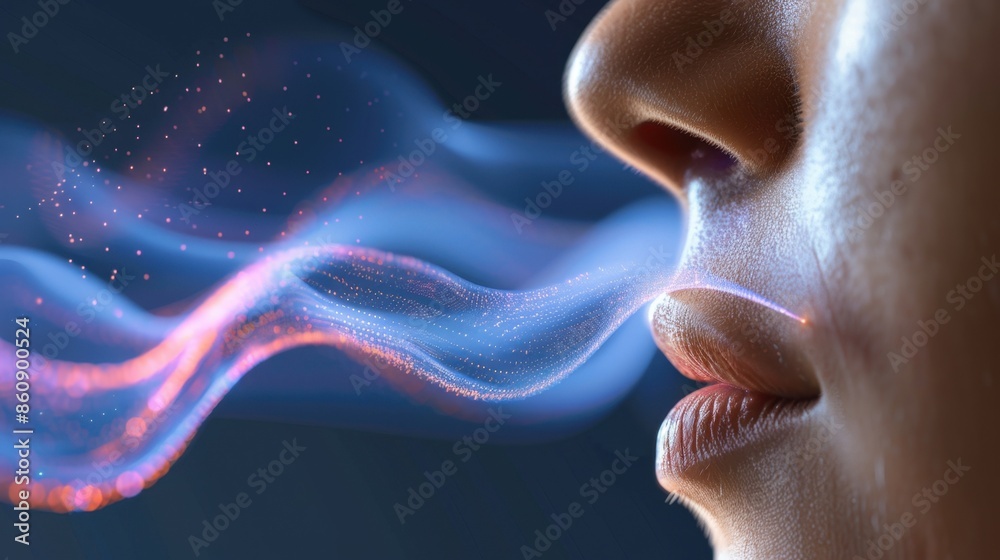 Olfactory System: An image focusing on the human nose with visual waves ...