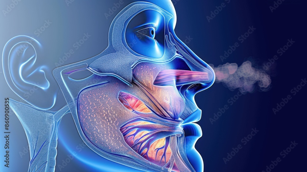 An anatomical image of the nose and throat, illustrating the passage of ...
