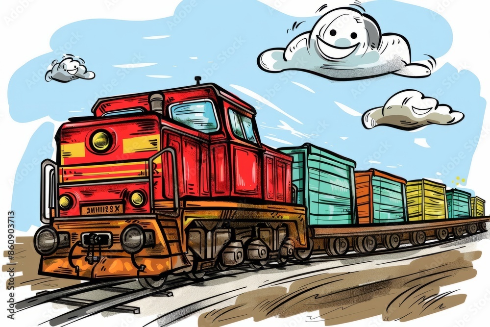 Cartoon cute doodles of a determined diesel locomotive pulling freight ...