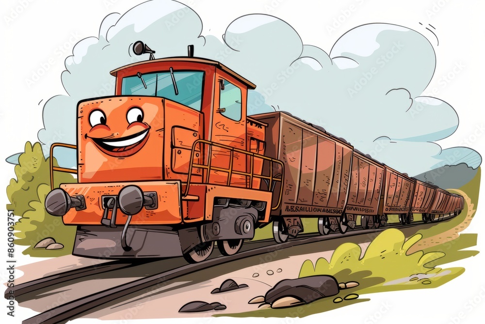 Cartoon cute doodles of a determined diesel locomotive pulling freight ...