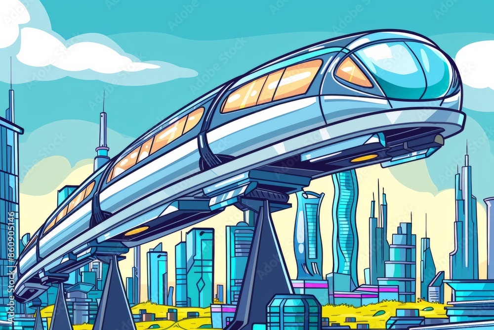 Cartoon cute doodles of an adventurous maglev train hovering above a ...