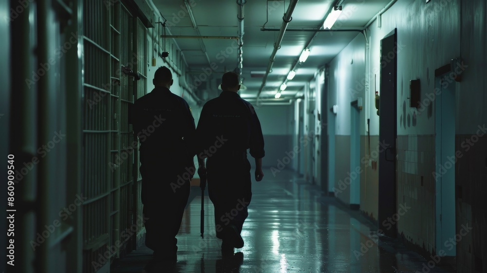 Prison officers conducting a security check in a dimly lit corridor of ...