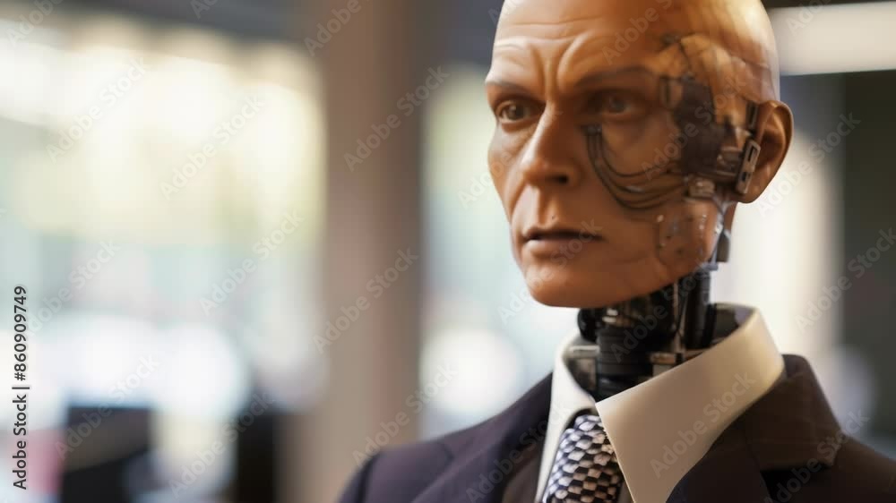 Profile view of a sophisticated android in business attire. Exposed ...